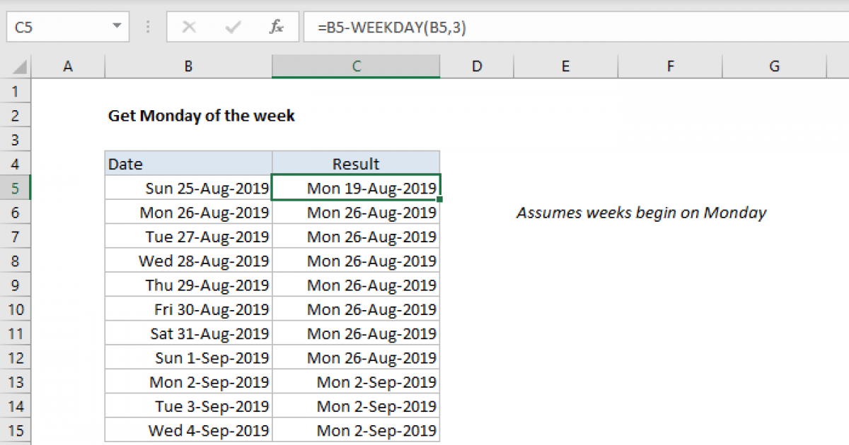 Get Monday Of The Week Excel Formula Exceljet